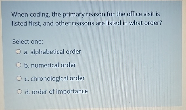 Solved When coding, the primary reason for the office visit | Chegg.com