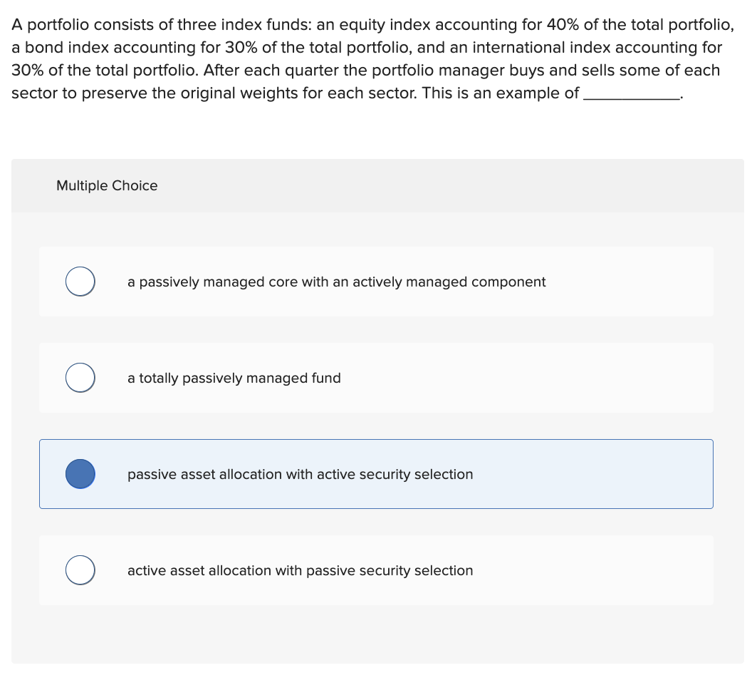 Solved A portfolio consists of three index funds: an equity | Chegg.com