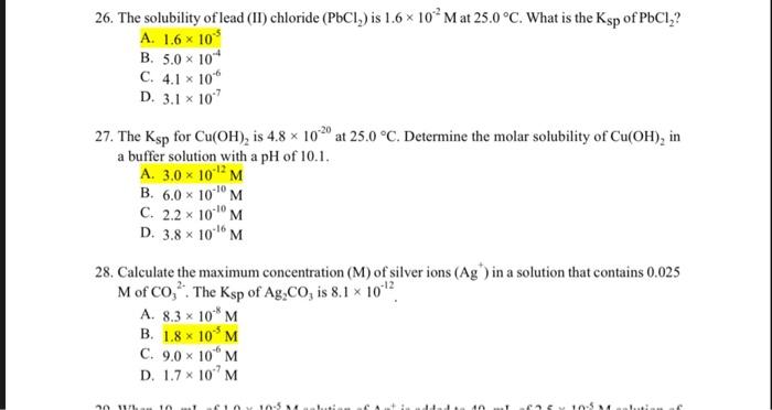 Solved 26. The solubility of lead (II) chloride (PbCl2) is | Chegg.com