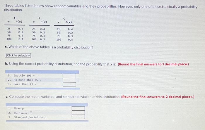 Solved Three tables listed below show random variables and | Chegg.com