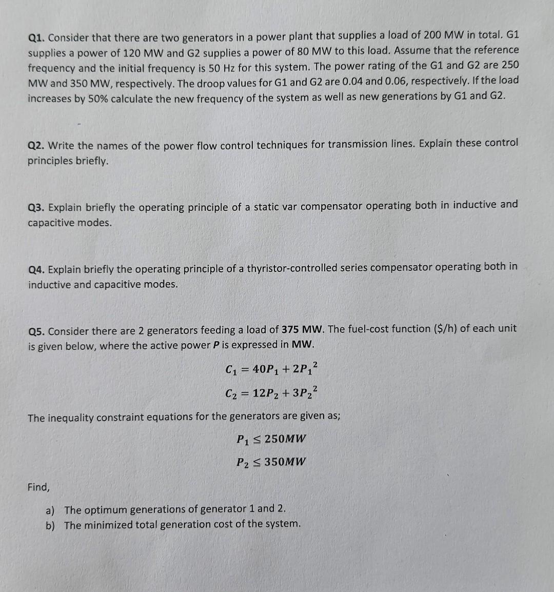 Solved Q1. Consider that there are two generators in a power | Chegg.com