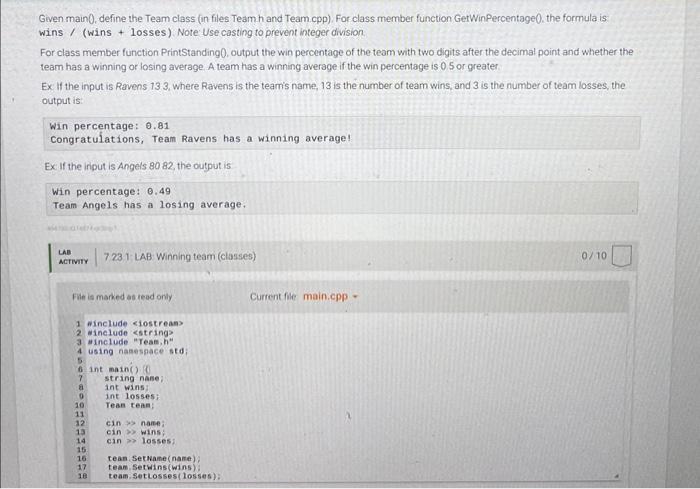 Solved Given main0, define the Team class (in files Teamh | Chegg.com