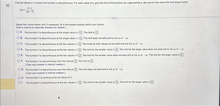 Solved K Find all values x = a where the function is | Chegg.com