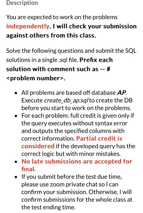 Solved Description You are expected to work on the problems | Chegg.com