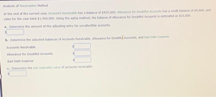Solved Analysis of Receivables Method At the end of the | Chegg.com