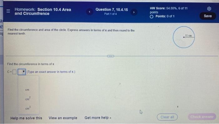 Solved Homework: Section 10.4 Area and Circumfrence Question | Chegg.com