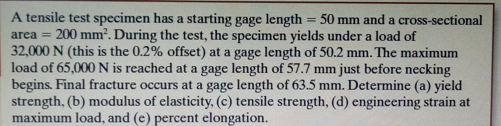 Solved A tensile test specimen has a starting gage length = | Chegg.com