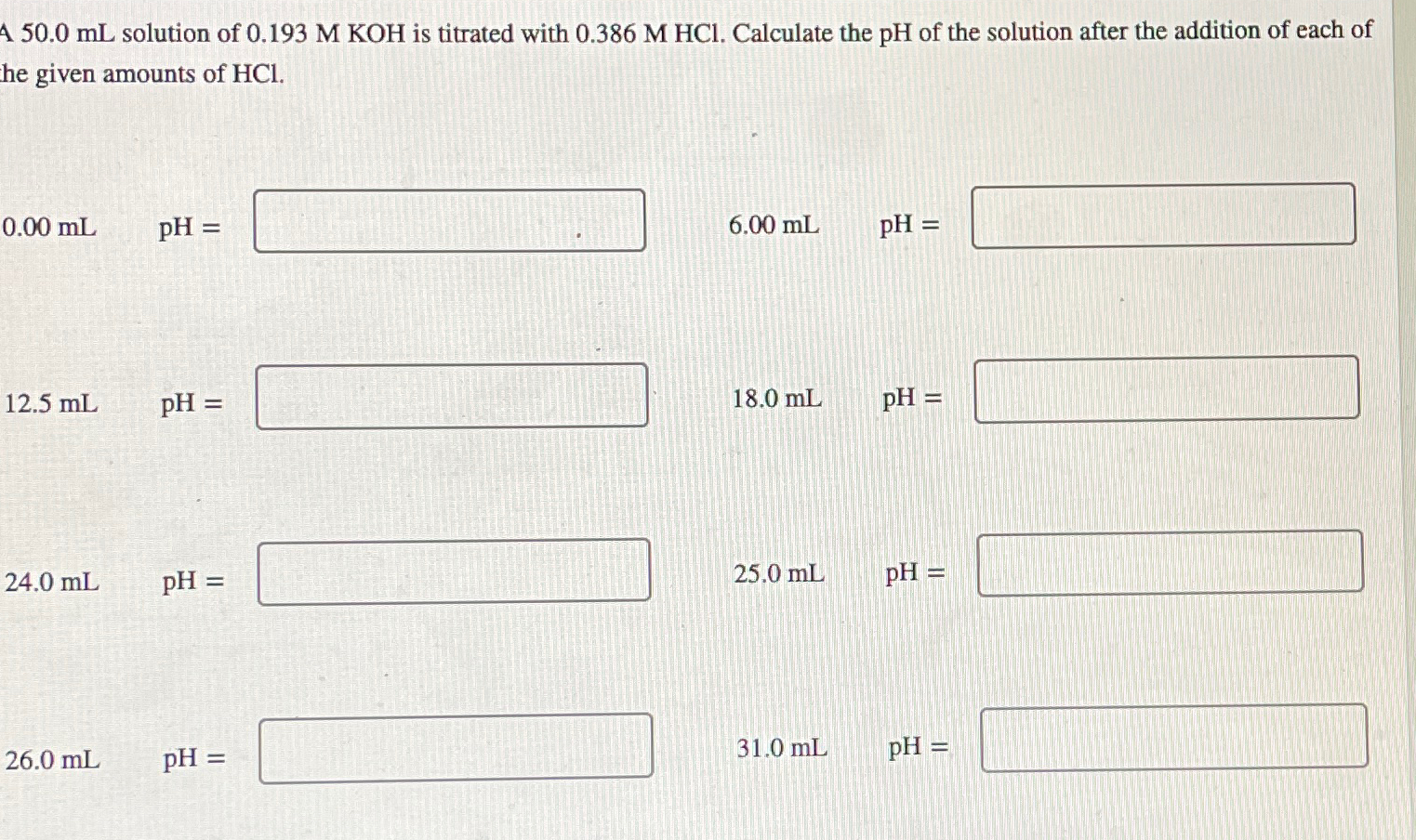 Solved A 50.0mL ﻿solution of 0.193MKOH is titrated with | Chegg.com