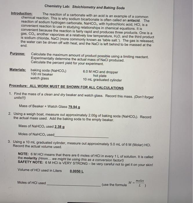 Solved Chemistry Lab: Stoichiometry and Baking Soda | Chegg.com