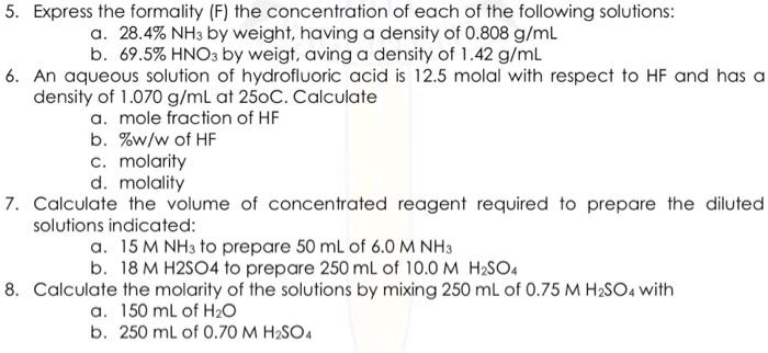 Solved 5. Express the formality (F) the concentration of | Chegg.com