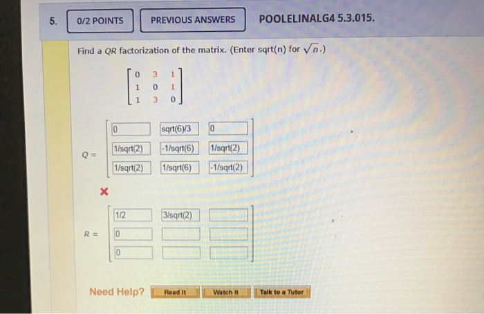 Solved 0/2 POINTS PREVIOUS ANSWERS POOLELINALG4 5.3.015. | Chegg.com