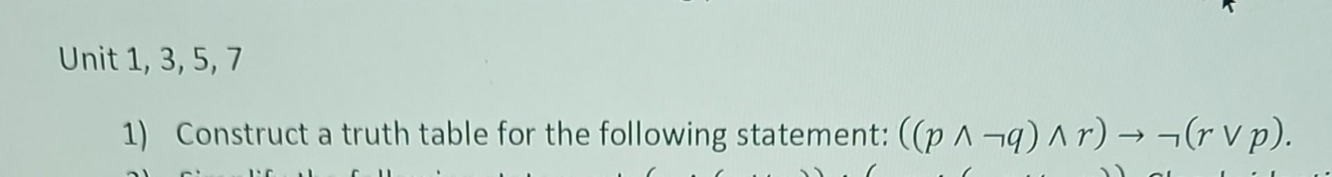 Solved 1) Construct a truth table for the following | Chegg.com