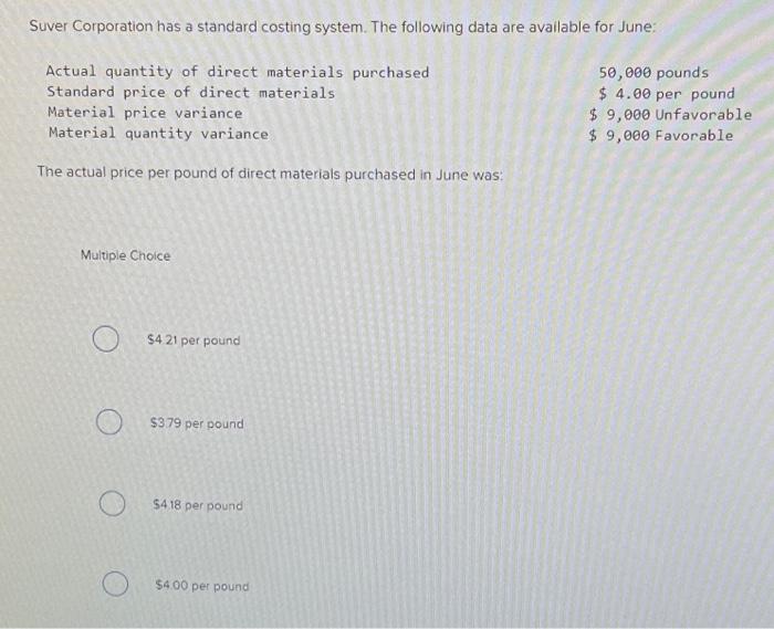 Solved Suver Corporation has a standard costing system. The | Chegg.com