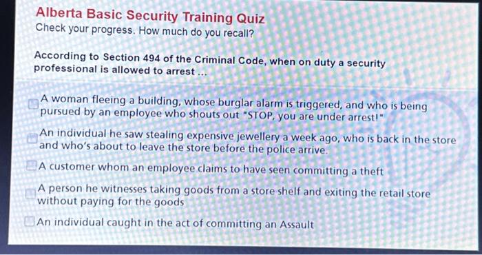 Alberta Basic Security Training Quiz Check your | Chegg.com