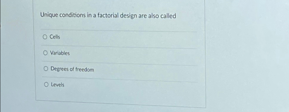 Solved Unique conditions in a factorial design are also | Chegg.com
