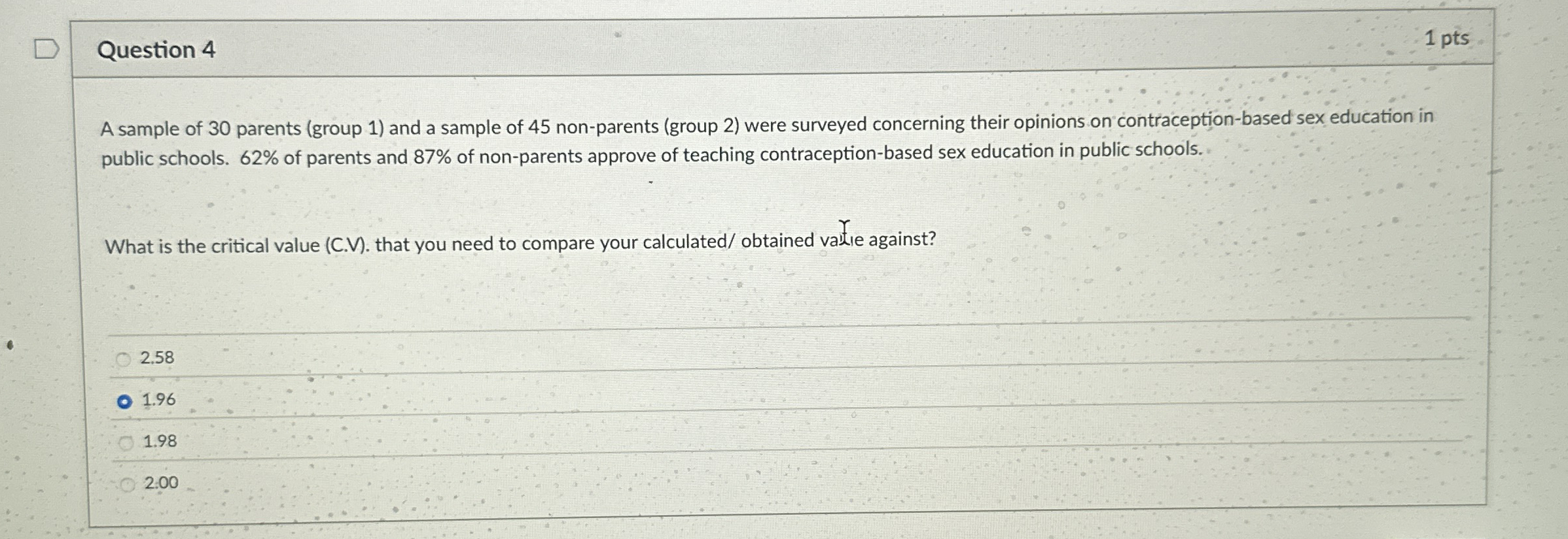 Solved Question 41 ﻿ptsA sample of 30 ﻿parents (group 1) | Chegg.com