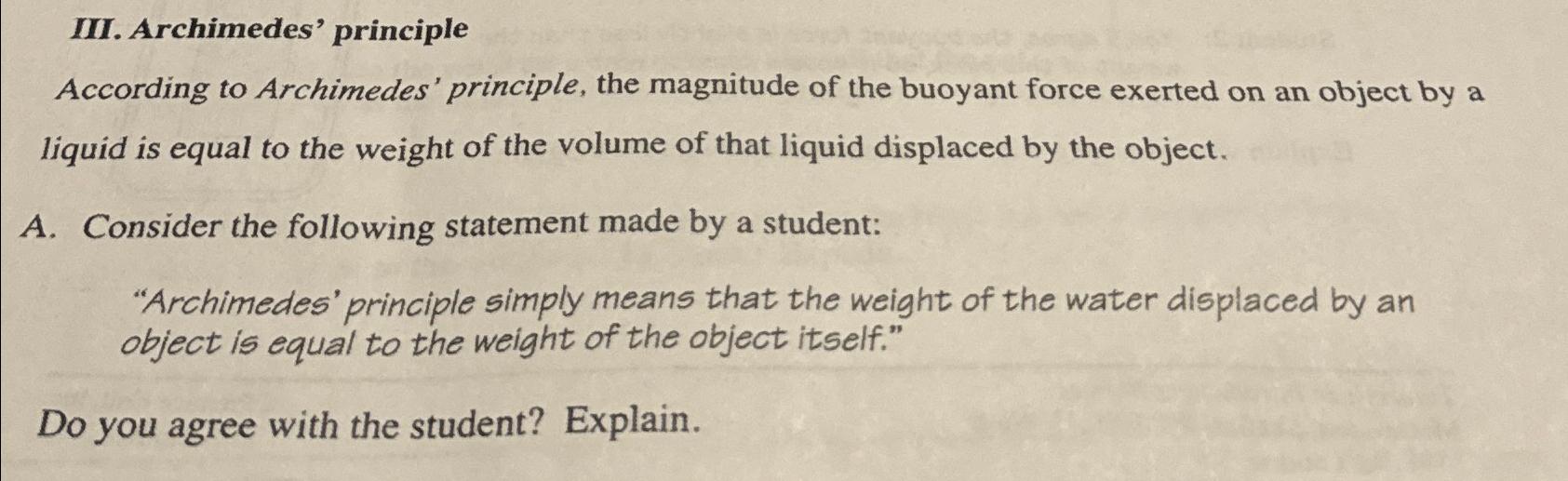 Solved III. Archimedes' principleAccording to Archimedes' | Chegg.com
