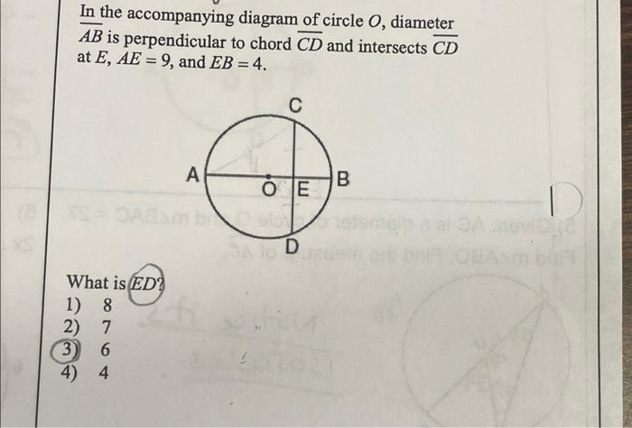 Solved In the accompanying diagram of circle O, diameter AB | Chegg.com