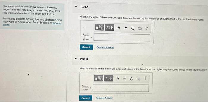 Solved The spin cyclos of a washing machine have two angular | Chegg.com