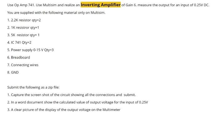 Solved Use Op Amp 741. Use Multisim and realize an Inverting | Chegg.com