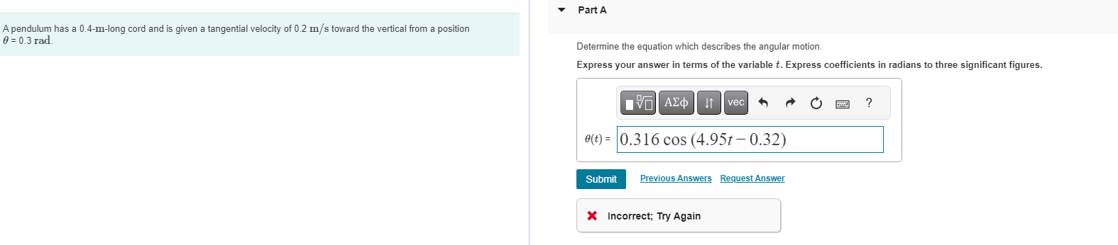 Solved A pendulum has a 0.4 -m-long cord and is ﻿given a | Chegg.com