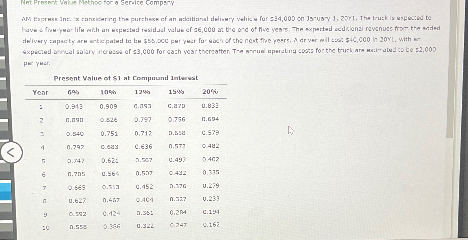 Solved Net Present Value Method for a Service CompanyAM | Chegg.com