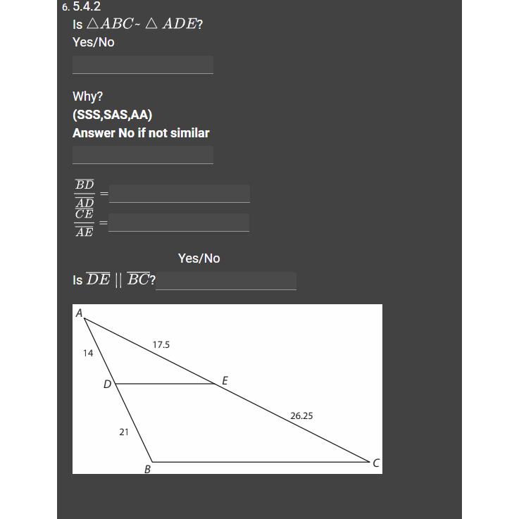 Solved 5.4.2Is ????ABC∼???ADE ?Yes/NoWhy?(SSS,SAS,AA)Answer | Chegg.com