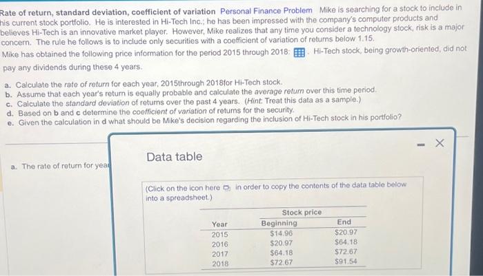 Solved Rate of return, standard deviation, coefficient of | Chegg.com