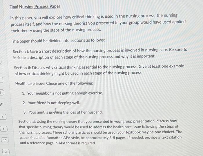Solved Final Nursing Process Paper In this paper, you will | Chegg.com