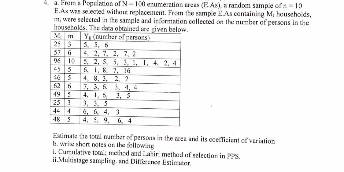 a. ﻿From a Population of N=100 ﻿enumeration areas | Chegg.com