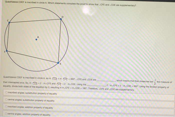 Solved Quadrilateral CDEF Is Inscribed in circle A. Which | Chegg.com