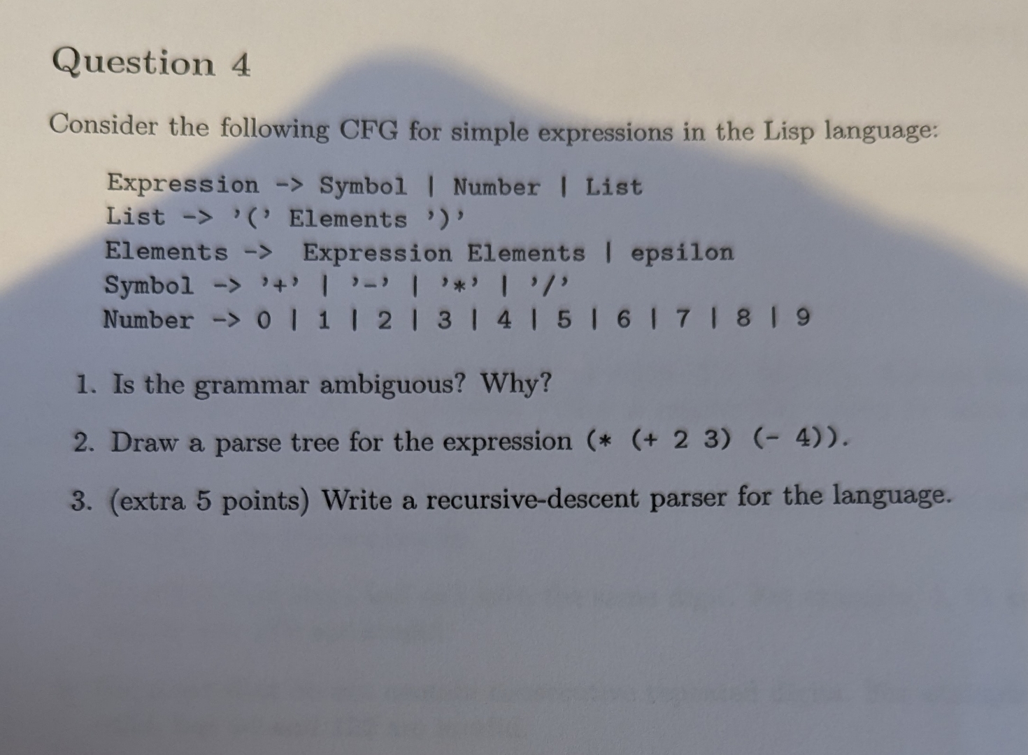 Solved Question 4Consider the following CFG for simple | Chegg.com