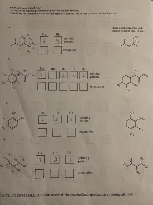 Solved For each compound below (1) Predict the splitting | Chegg.com