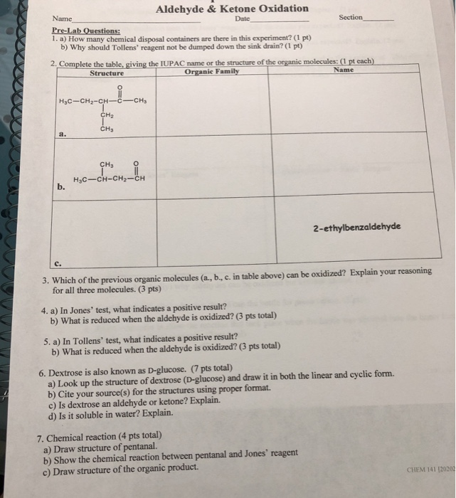 Solved Aldehyde & Ketone Oxidation Section Name Date Pre-Lab | Chegg.com