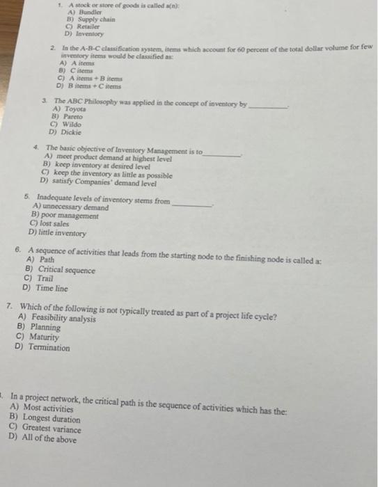 Solved 1. A stock or store of gooth is called a(n): A) | Chegg.com