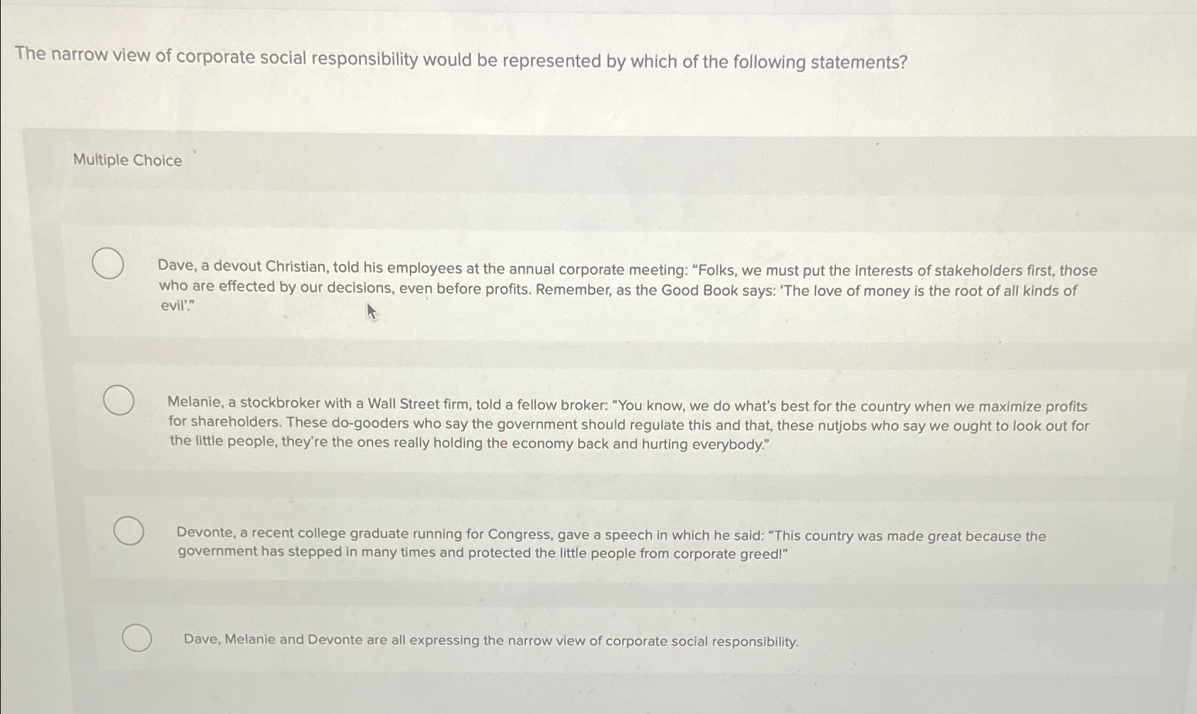 Solved The narrow view of corporate social responsibility | Chegg.com