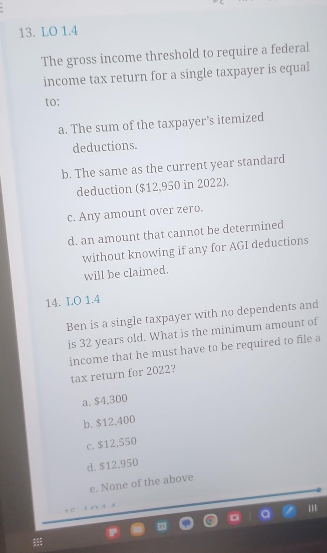 Solved 13. LO 1.4 The gross income threshold to require a | Chegg.com