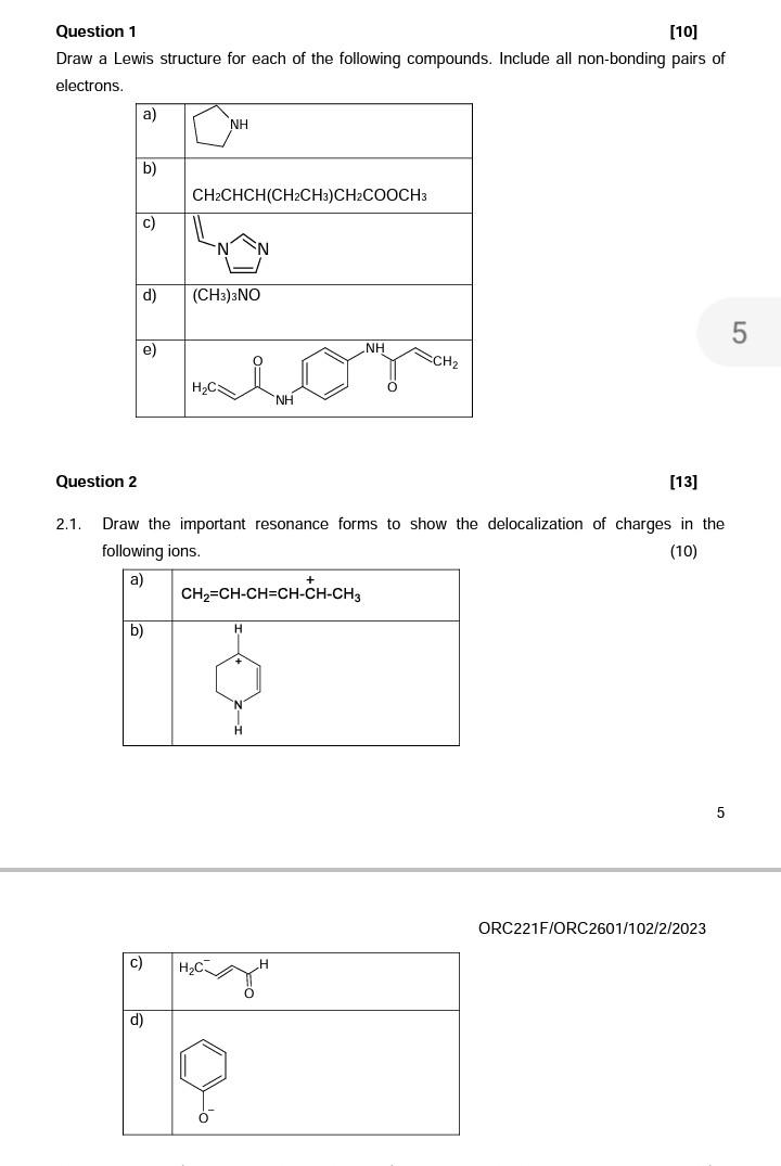 Question 1 [10] Draw a Lewis structure for each of | Chegg.com