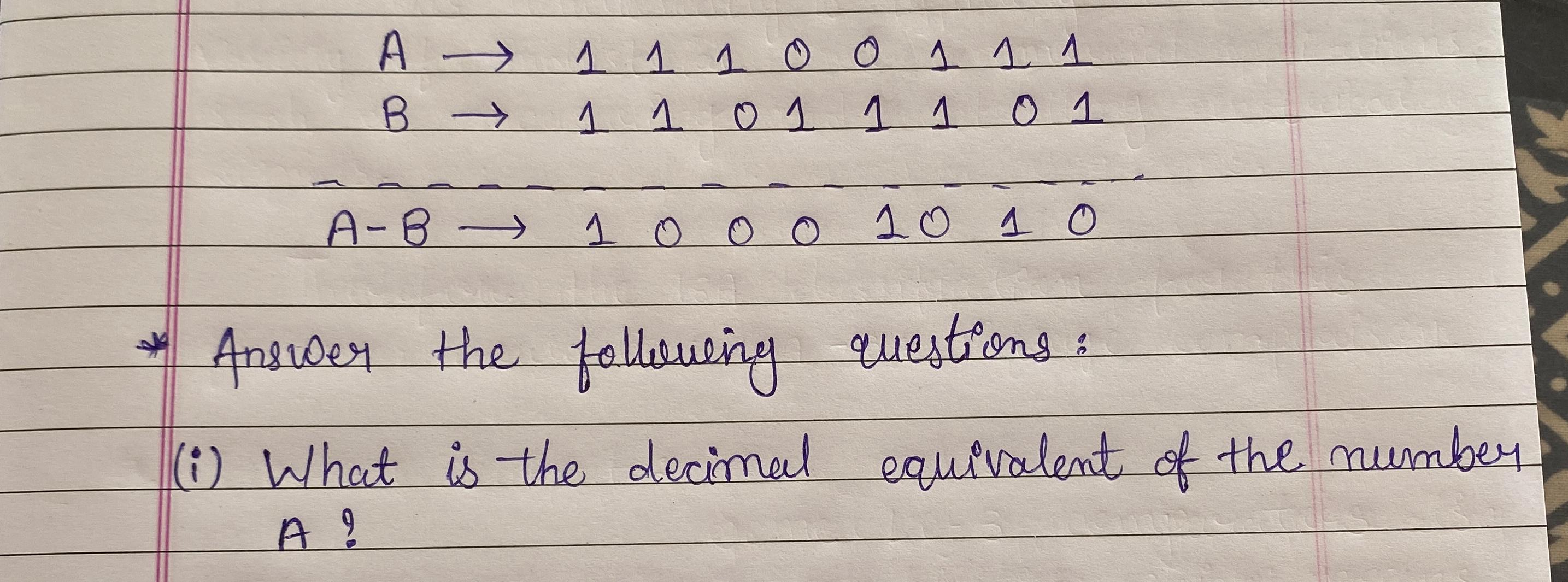 Solved A→11100111B→11011101A-B→10001010Answer the following | Chegg.com