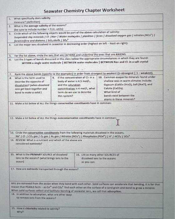 Solved Seawater Chemistry Chapter Worksheet 1. What | Chegg.com