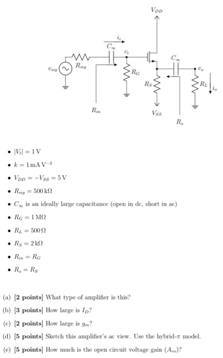 Solved w V = 1V . k = 1 mA V-2 • Vpp = - Vgs = 5 V • Reig = | Chegg.com