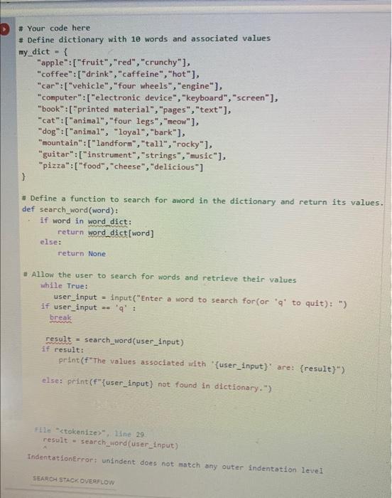 Solved * Your code here \# Define dictionary with 10 words | Chegg.com