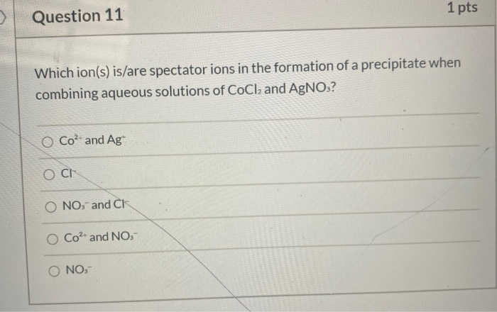 Solved 1 pts Question 11 Which ion(s) is/are spectator ions | Chegg.com