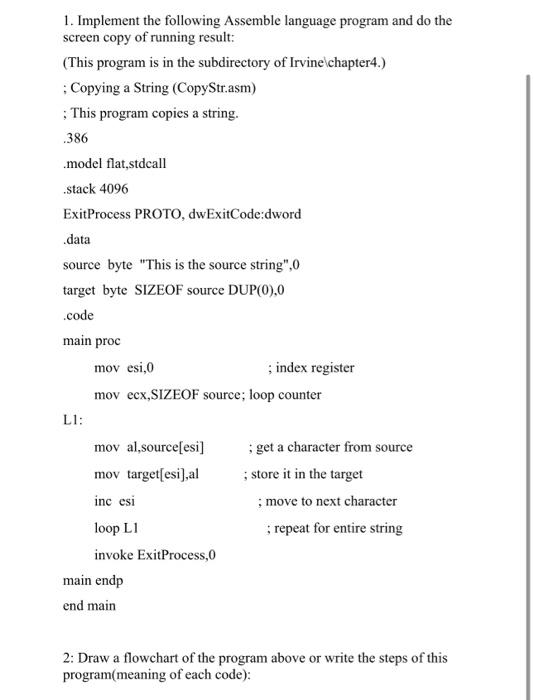 1. ﻿Implement the following Assemble language program | Chegg.com