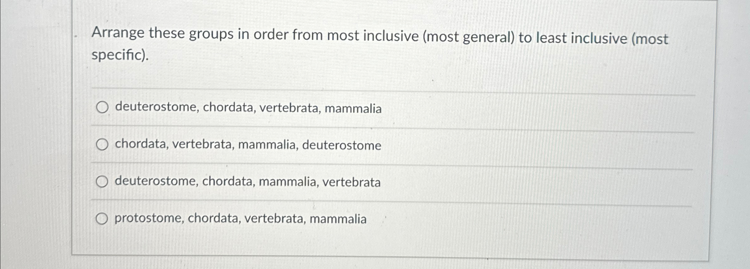 Solved Arrange these groups in order from most inclusive | Chegg.com