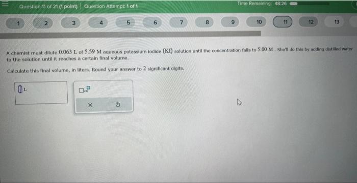 Solved A chemist must dilute 0.063 L of 5.59M aqueous | Chegg.com