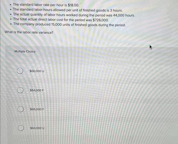 Solved - The standard labor rate per hour is $18.00. - The | Chegg.com
