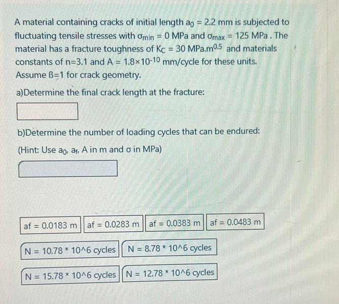 Solved A material containing cracks of initial length ao = | Chegg.com