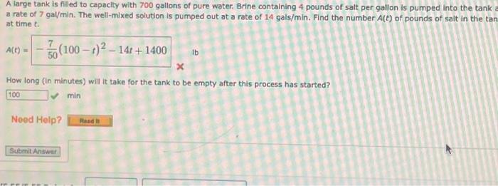 Solved A large tank is filled to capacity with 700 gallons | Chegg.com
