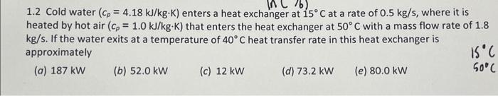 Solved 1.2 Cold water (cp=4.18 kJ/kg⋅K) enters a heat | Chegg.com
